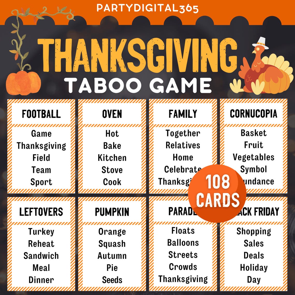 Thanksgiving Taboo Game Printable Taboo Game Cards Forbidden Words Game ...