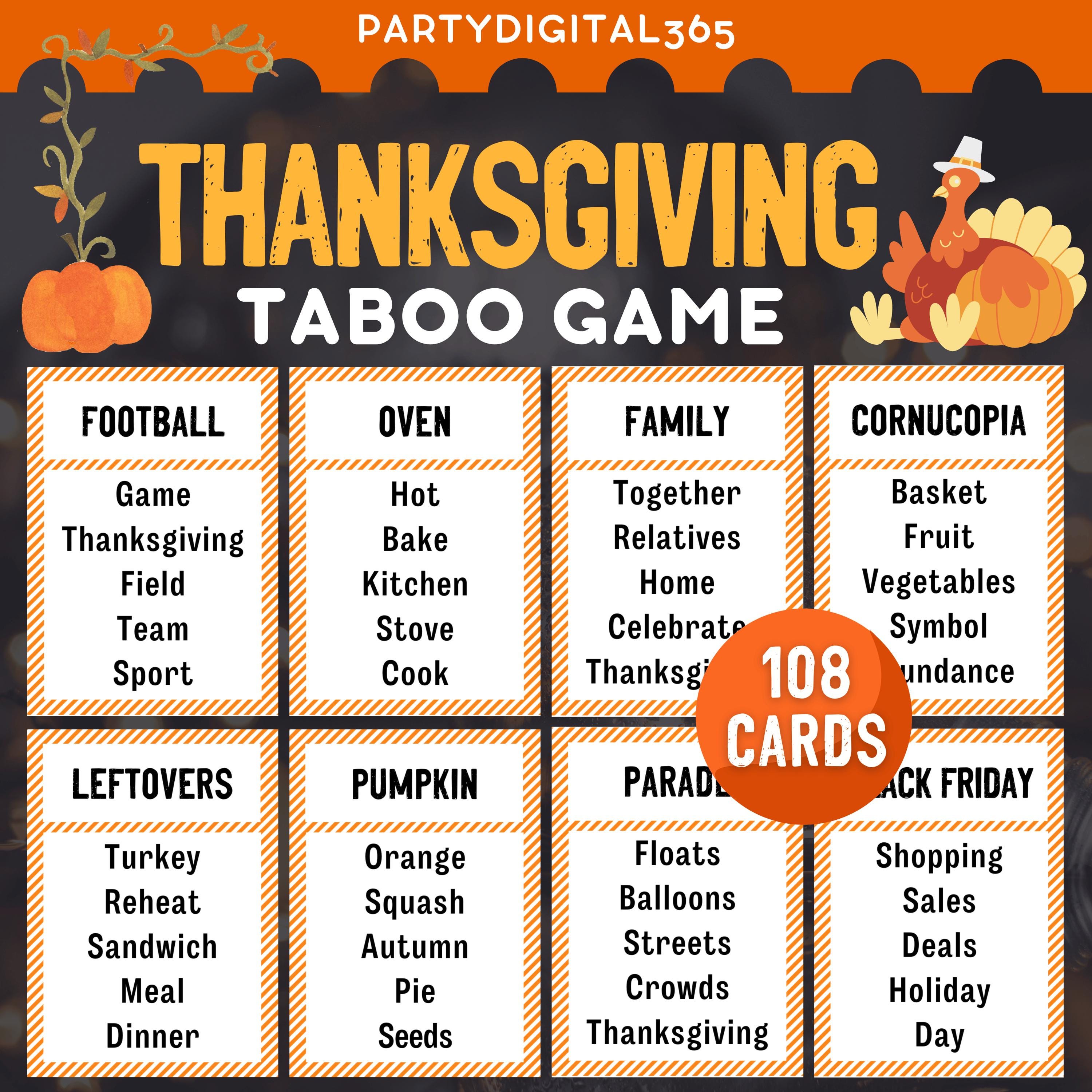 Thanksgiving Taboo Game Printable Taboo Game Cards Forbidden Words Game ...