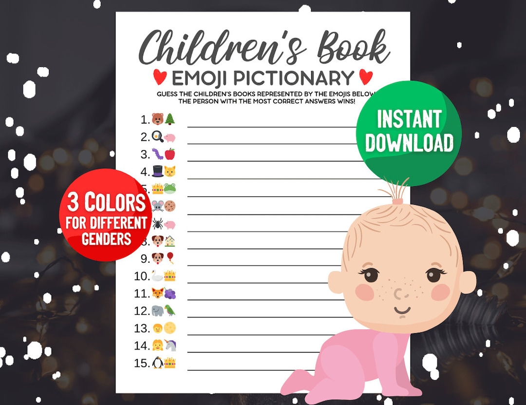 Children's Book Emoji Pictionary Game | Baby Shower Emoji Game ...