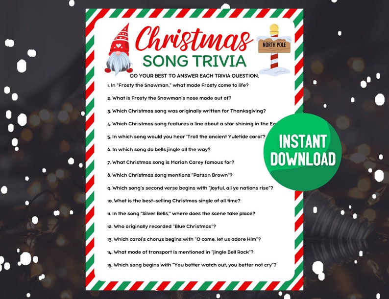 Christmas Song Trivia Game Adult | Christmas Carol Family Friendly Game ...