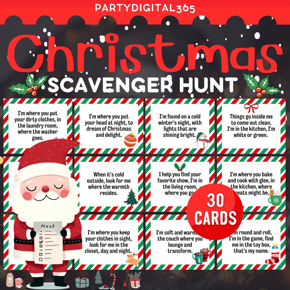 Christmas Santa Scavenger Hunt Game Christmas Treasure Hunt Clues Cards ...