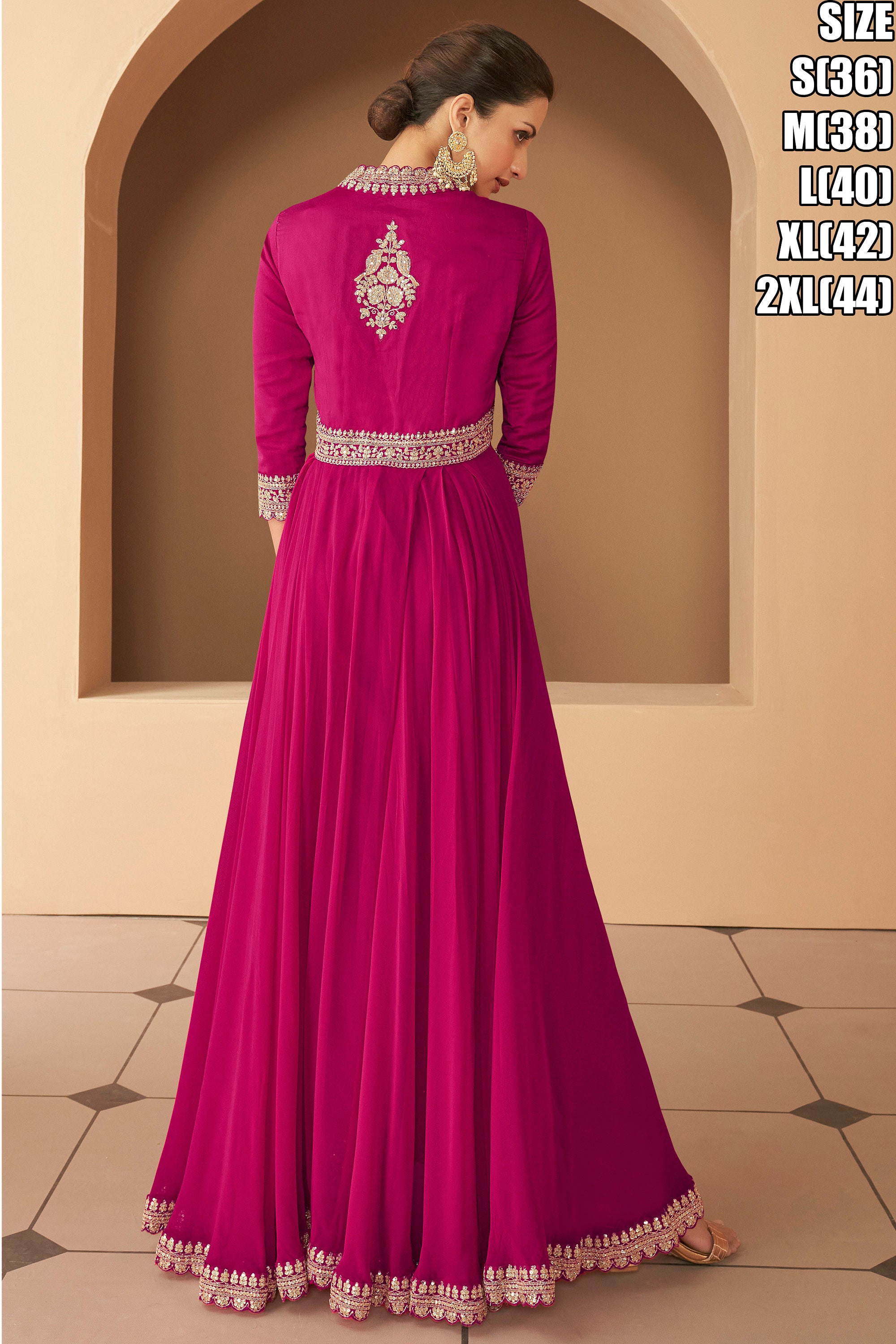 Women's Readymade Rani Pink Real Georgette Embroidery Floor Length ...