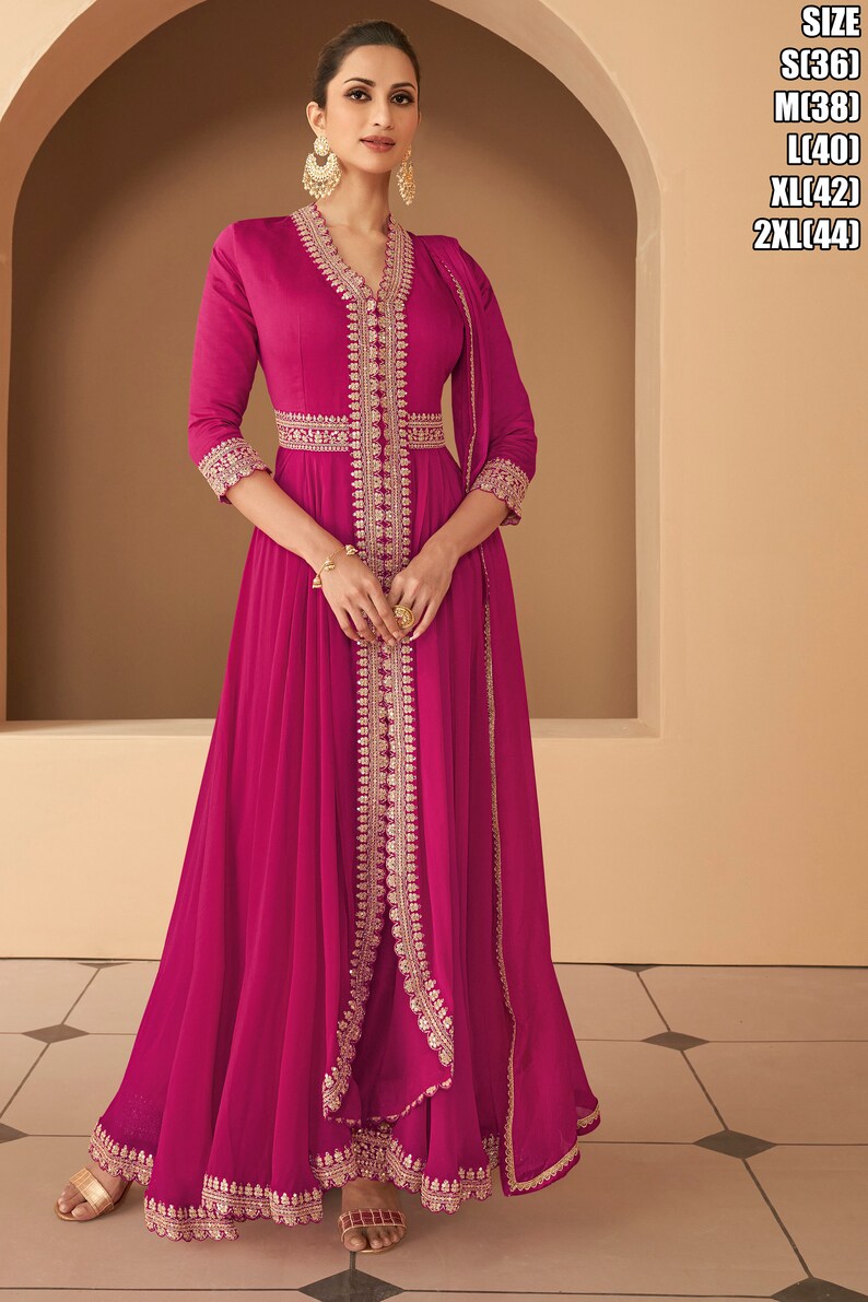 Women's Readymade Rani Pink Real Georgette Embroidery Floor Length ...