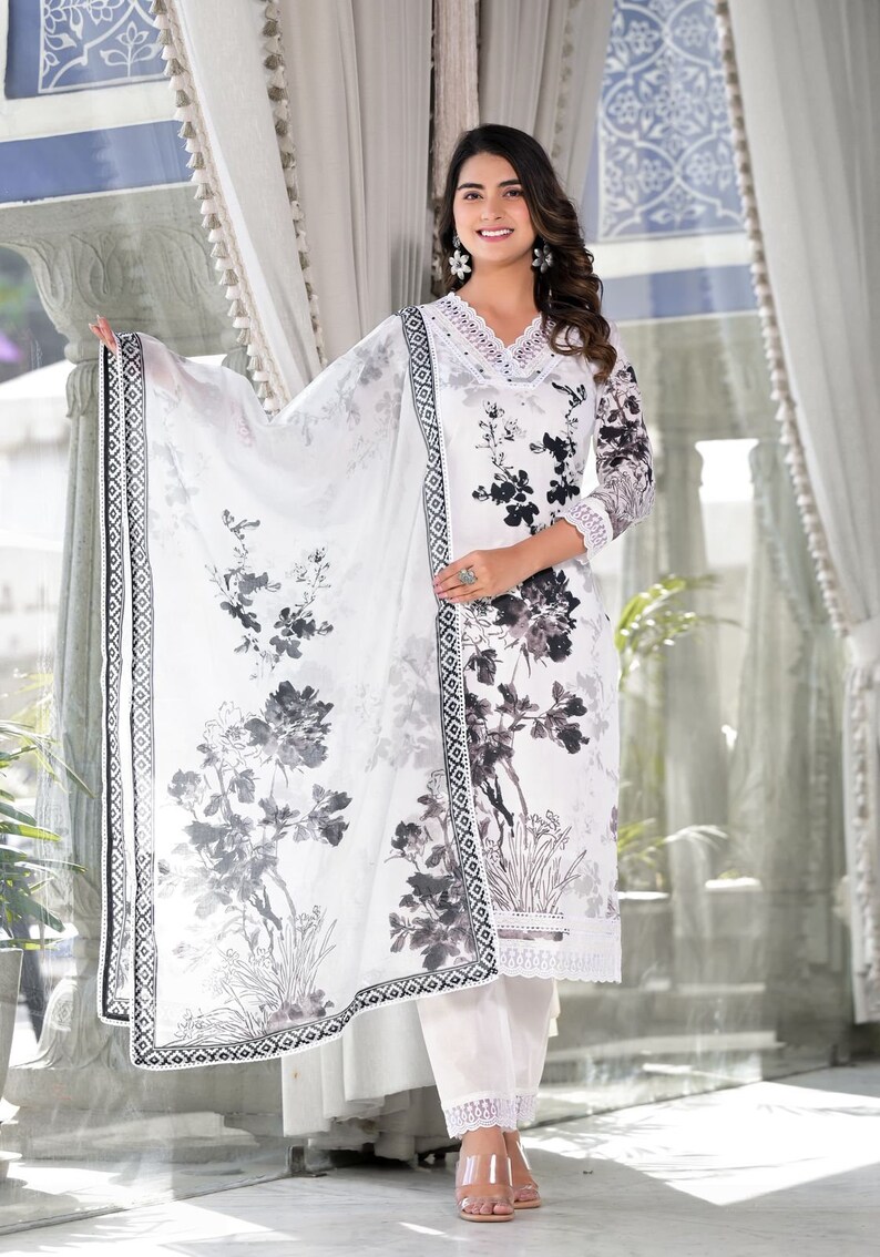 White Colour Festive Wear Stitched Pure Cotton Floral Designs Kurti ...