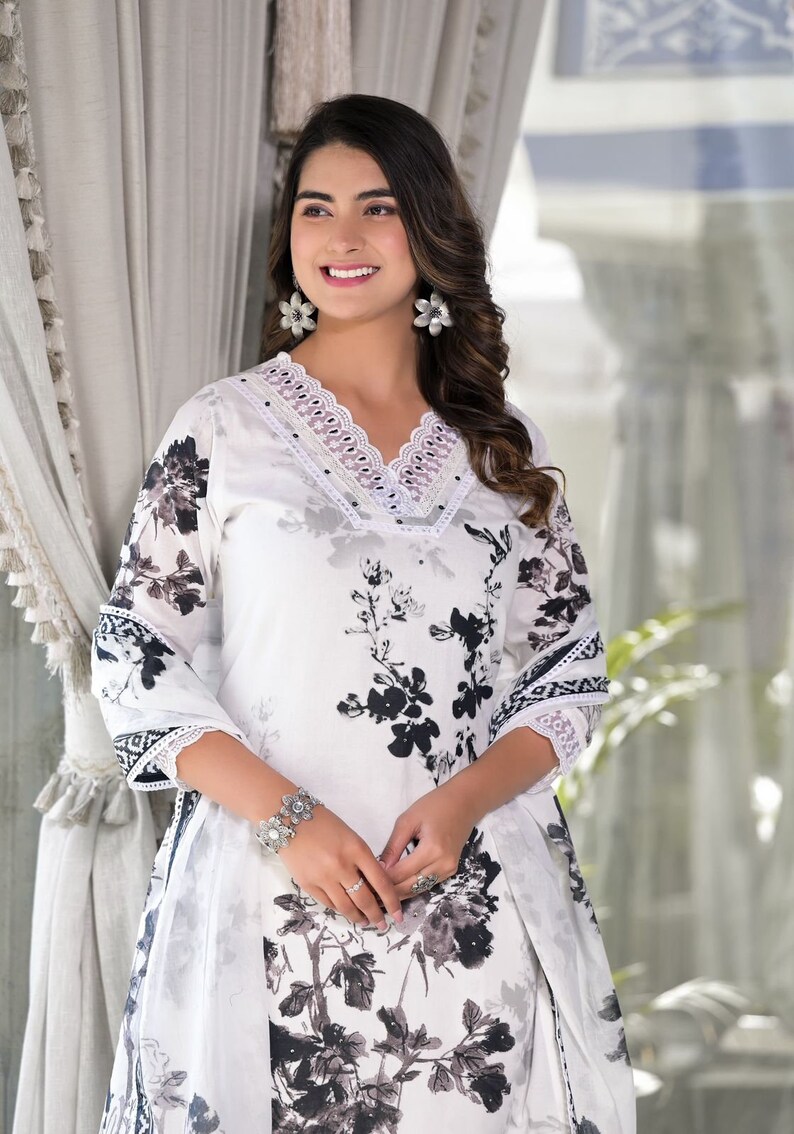 White Colour Festive Wear Stitched Pure Cotton Floral Designs Kurti ...