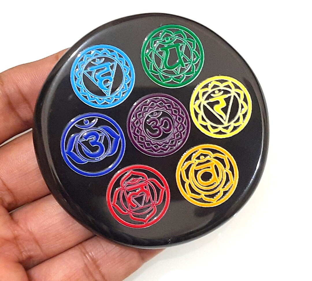 Black Tourmaline 7 Signs Reiki Chakra Embossed Coaster With Chakra Sign ...