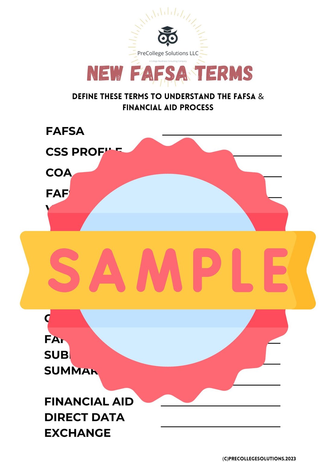 FAFSA Terms Worksheet - College Financial Aid Guide Printable PDF for ...