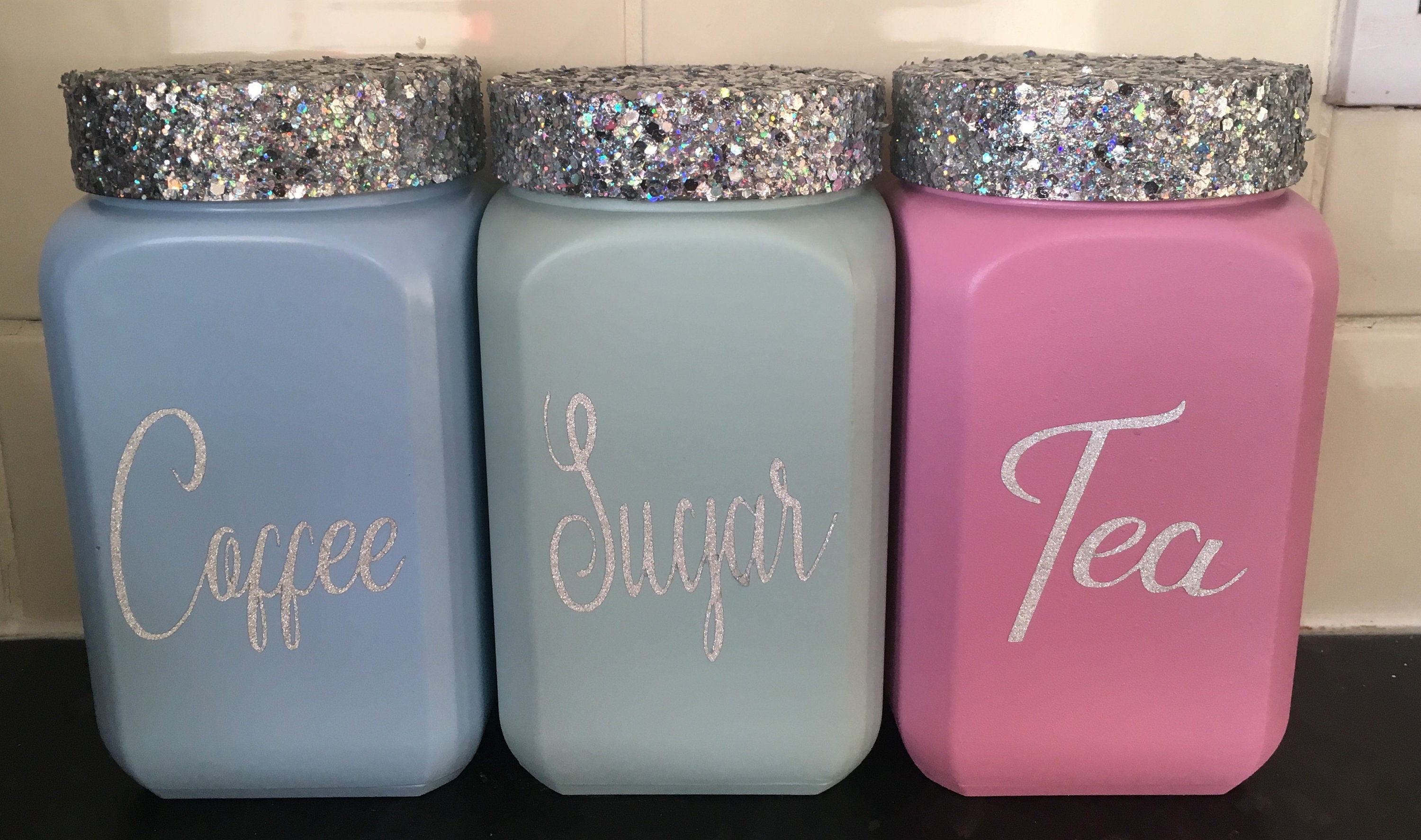 Pastel Silver Glitter Tea Coffee Sugar Jar Glass Canister | Etsy