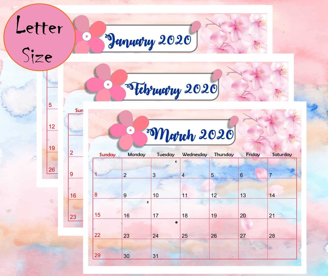 Yearly Monthly 2020 Calendar Printable Template, Floral Landscape ...