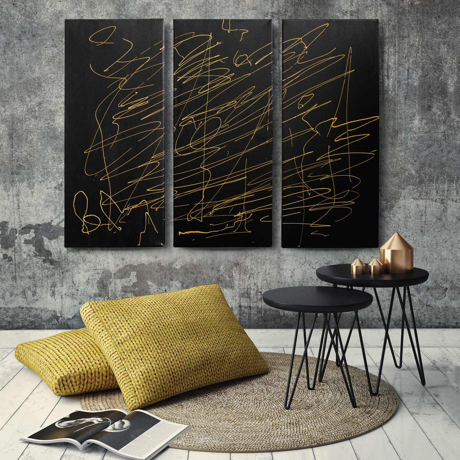 Picture Set, 3 Pieces "golden Shadows", Acrylic Art on Canvas ...