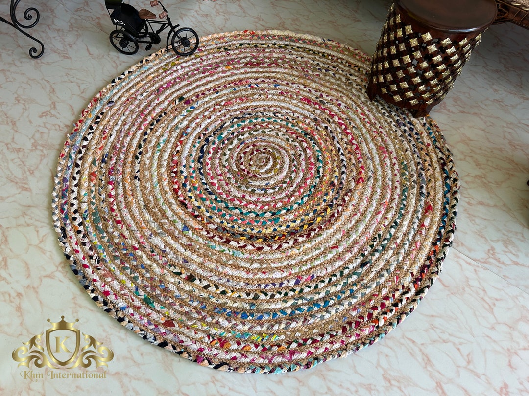 Hand Braided Cotton and Jute Multi-color Round Rug, Indian Handmade ...