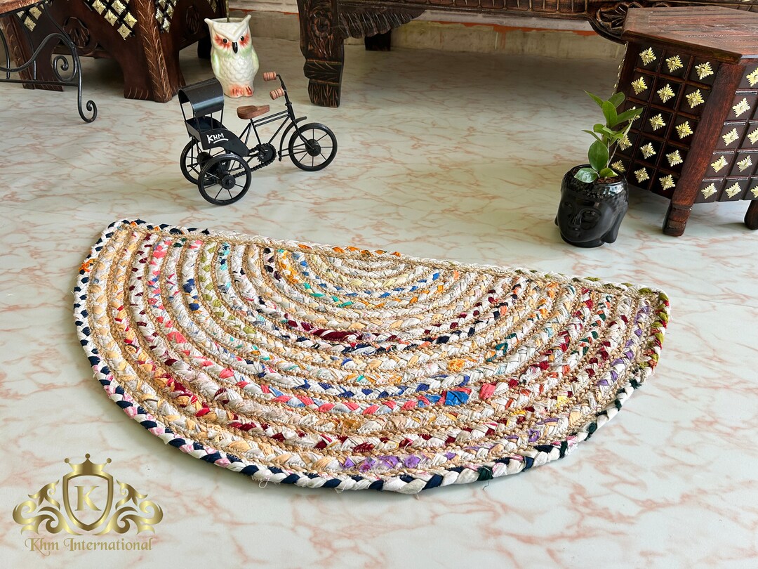 Handwoven White Chindi Half Circle Rug |– Boho Entryway Mat, Eco ...
