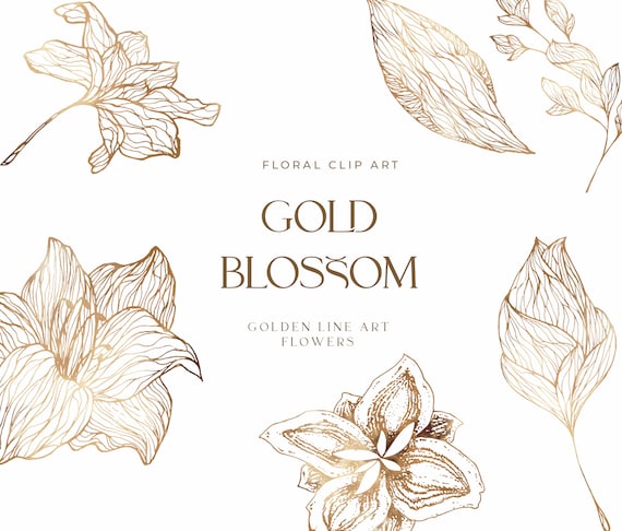Golden Flowers Clip Art Gold Foil Line Art Hand Drawn - Etsy