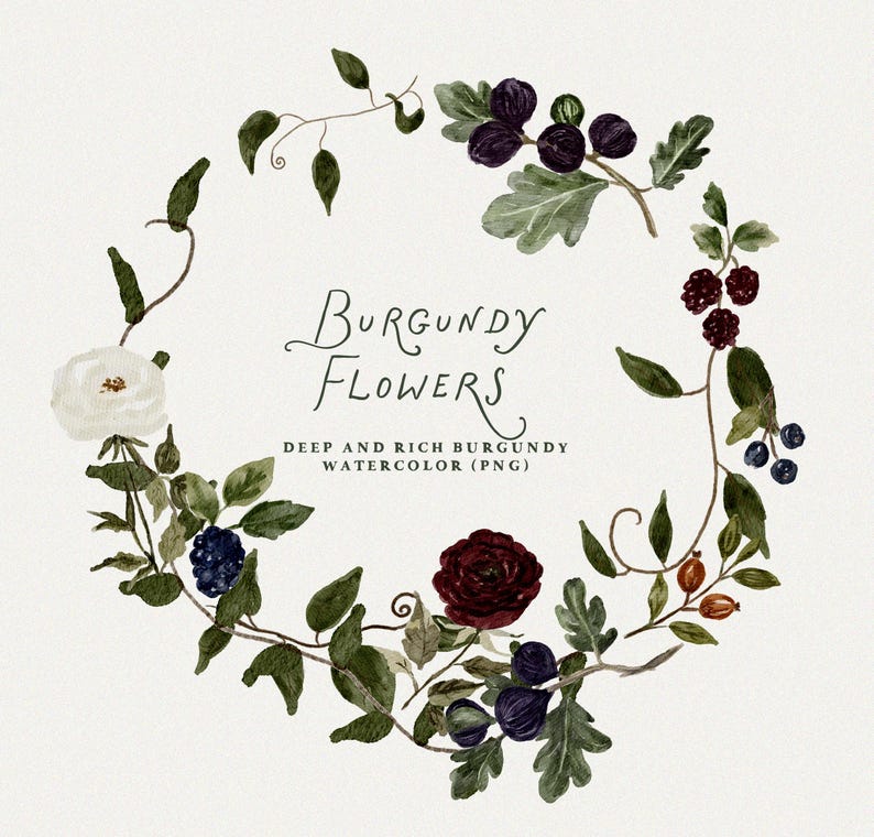 Burgundy Watercolor Flowers - Hand Drawn Watercolor - Whimsical Fall ...