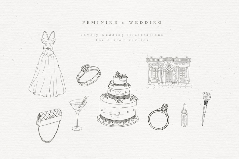 Wedding Line Art Illustration, Hand Drawn Line Art, Wedding Icon Card ...