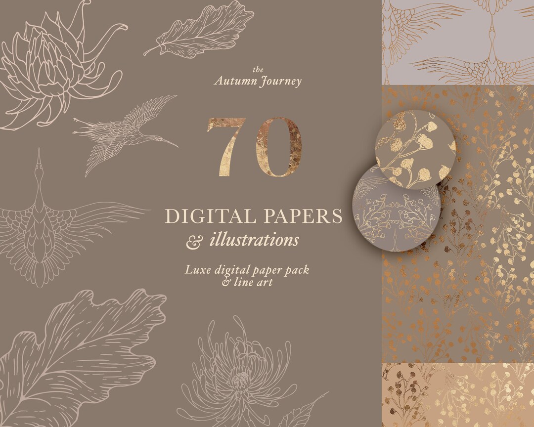 Autumn Digital Paper, Golden Digital Paper, Autumn Line Art Botanicals ...