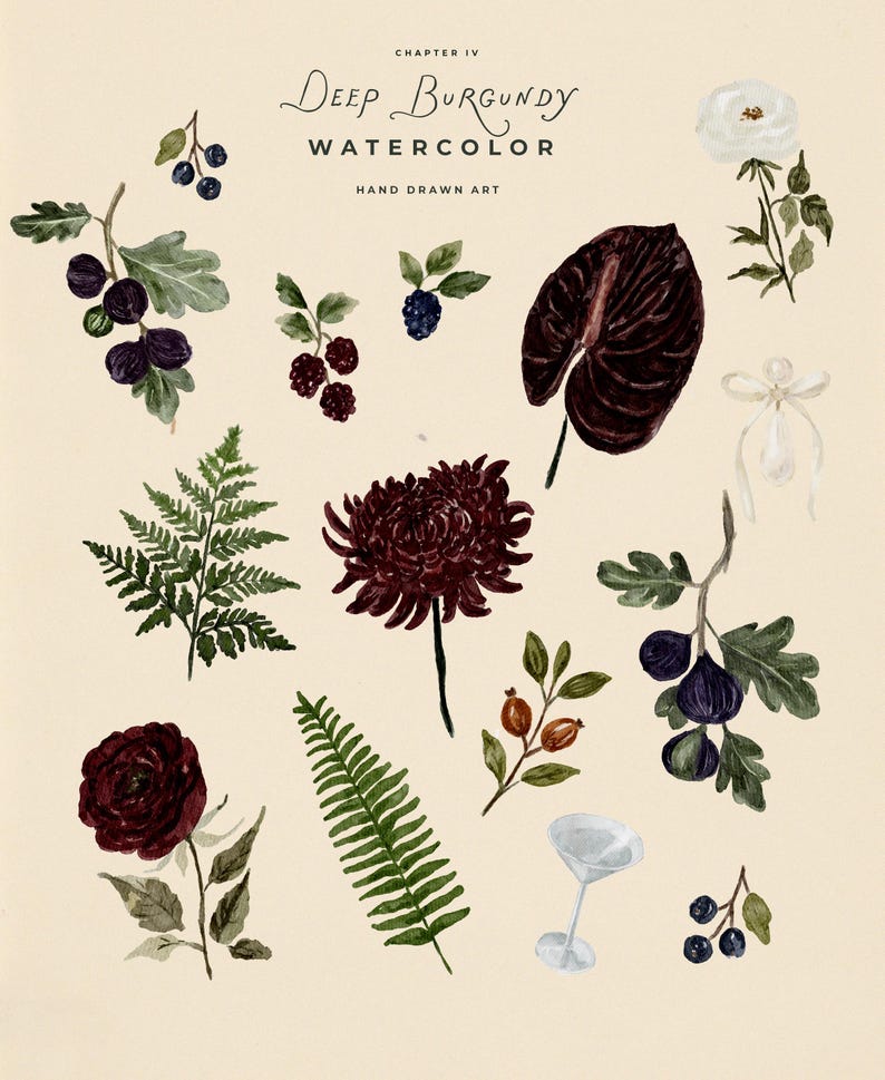 Burgundy Watercolor Flowers - Hand Drawn Watercolor - Whimsical Fall ...