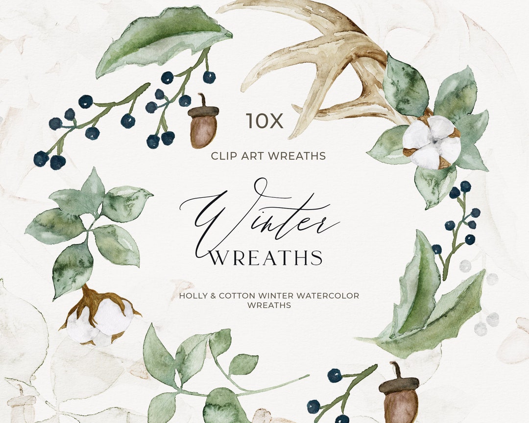 Winter Wreath Clip Art Christmas Greenery Watercolor Wreath Floral ...