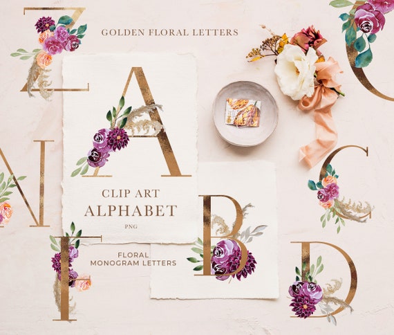Floral Clip Art Alphabet Wedding Monogram Letter Golden Clip | Etsy