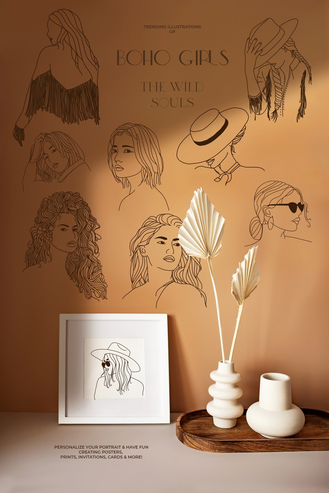 Female line art illustration clipart boho woman line art | Etsy