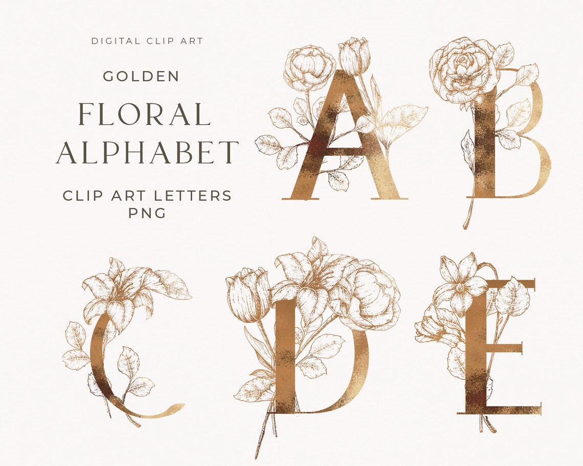 Golden Monogram Letters Floral Alphabet Clip Art Gold Foil | Etsy