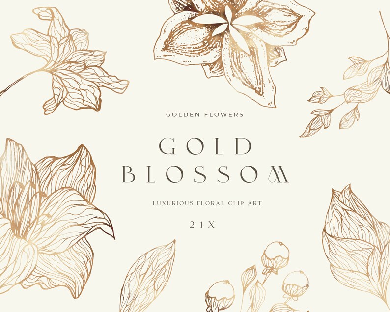 Golden Flowers Clip Art - Gold Foil Line Art - Hand Drawn Flower Line ...