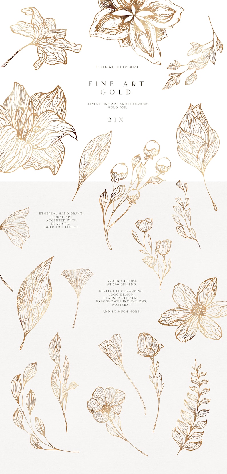 Golden Flowers Clip Art - Gold Foil Line Art - Hand Drawn Flower Line ...