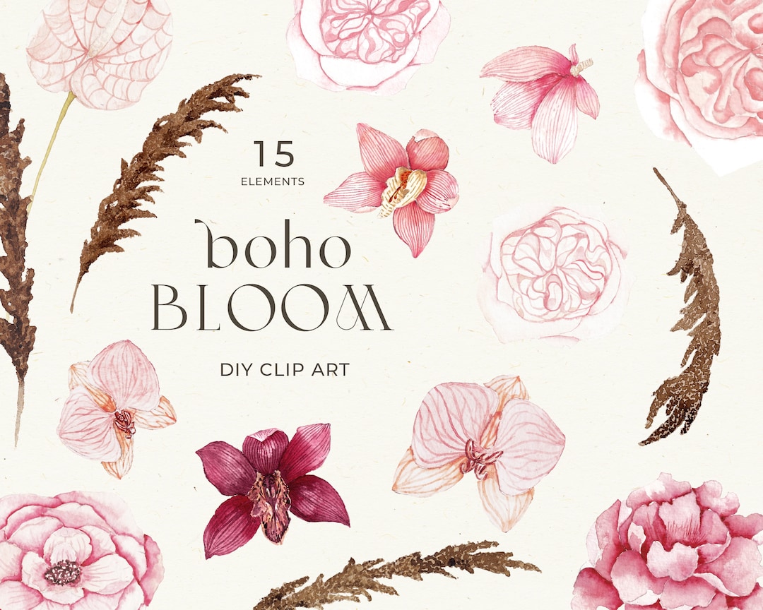 Boho Autumn Watercolor Clip Art, Boho Flower Clip Art, Pampas Grass ...