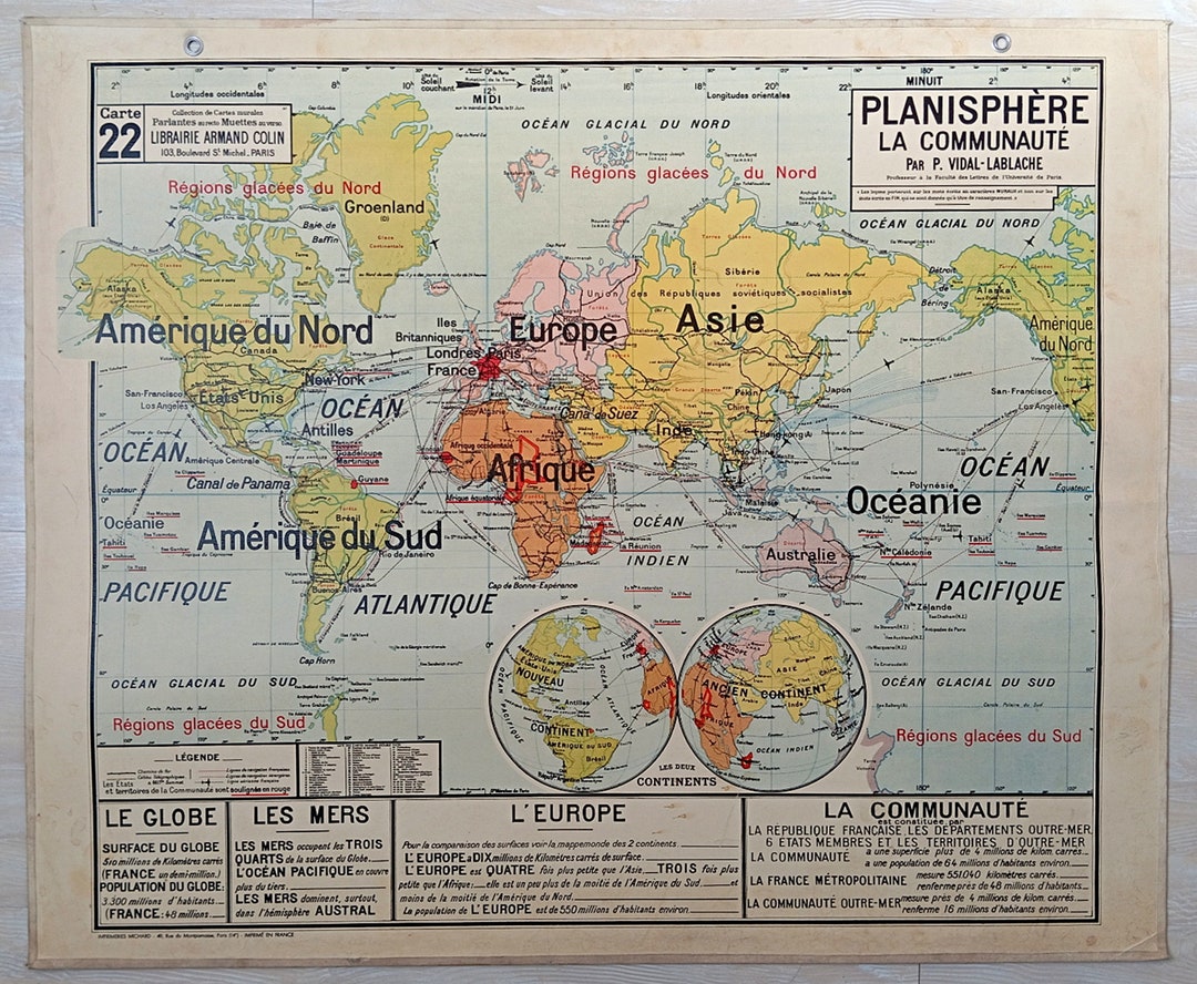 Planisphere, Colonies / World Map, French Colonies Old School Map Vidal ...