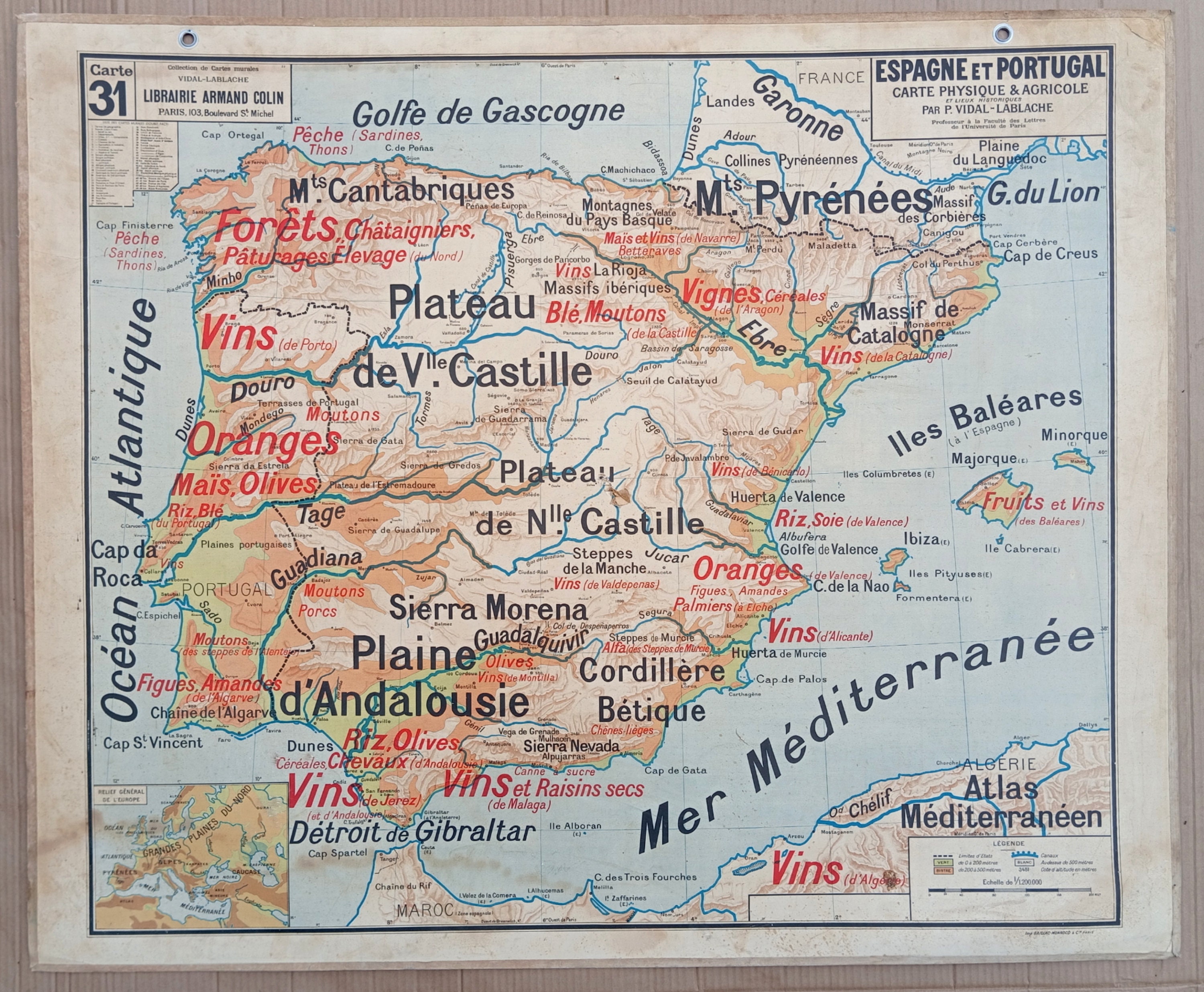 Spain, Portugal /spain Old School Map Vidal-lablache 31, 1930 / Old ...