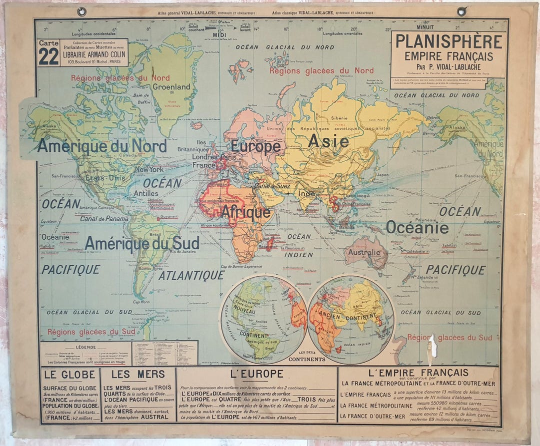 French Empire Planisphere / French Colonial Empire Old School Map Vidal ...