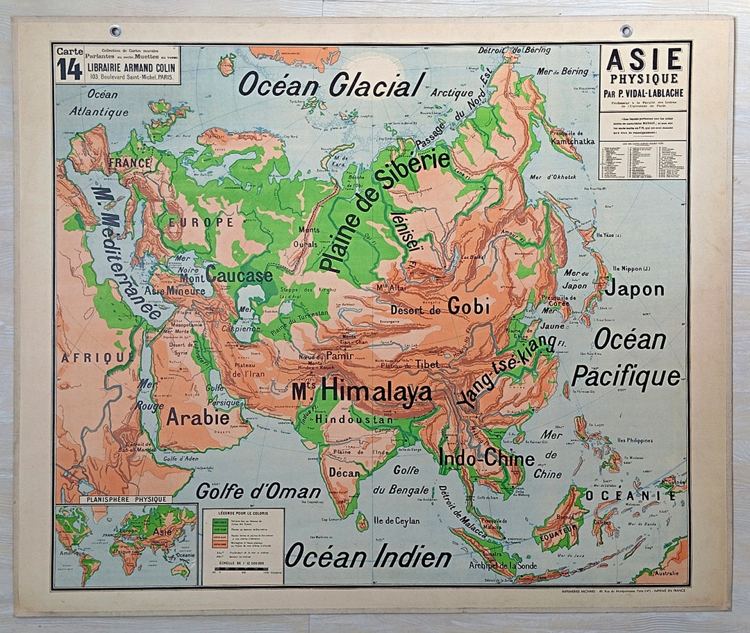 Physical Asia Old School Map Vidal-lablache 14, 1940 / Old School Map ...