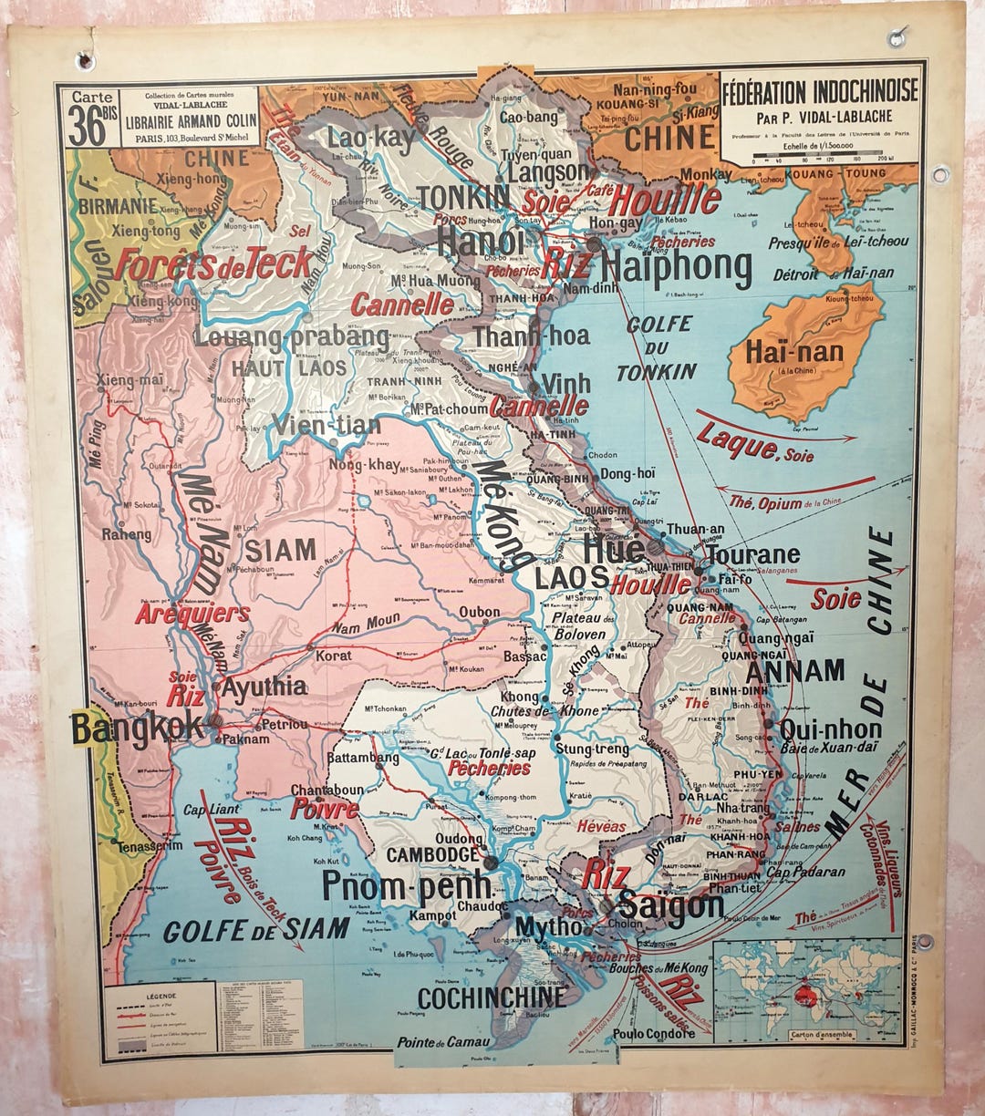 Indochina, Madagascar / Indochina, French Colonies Old School Map Vidal ...