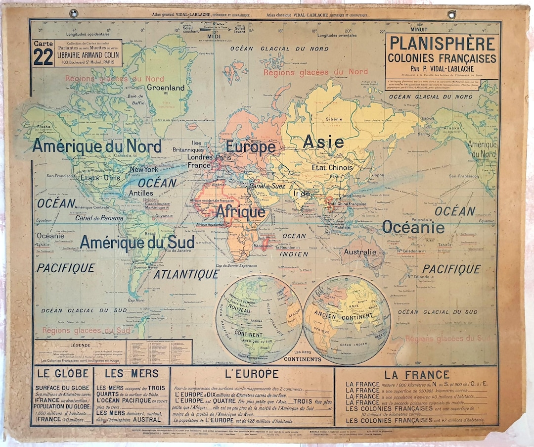 French Colonies Planisphere / French Colonial Empire - Old School Map ...