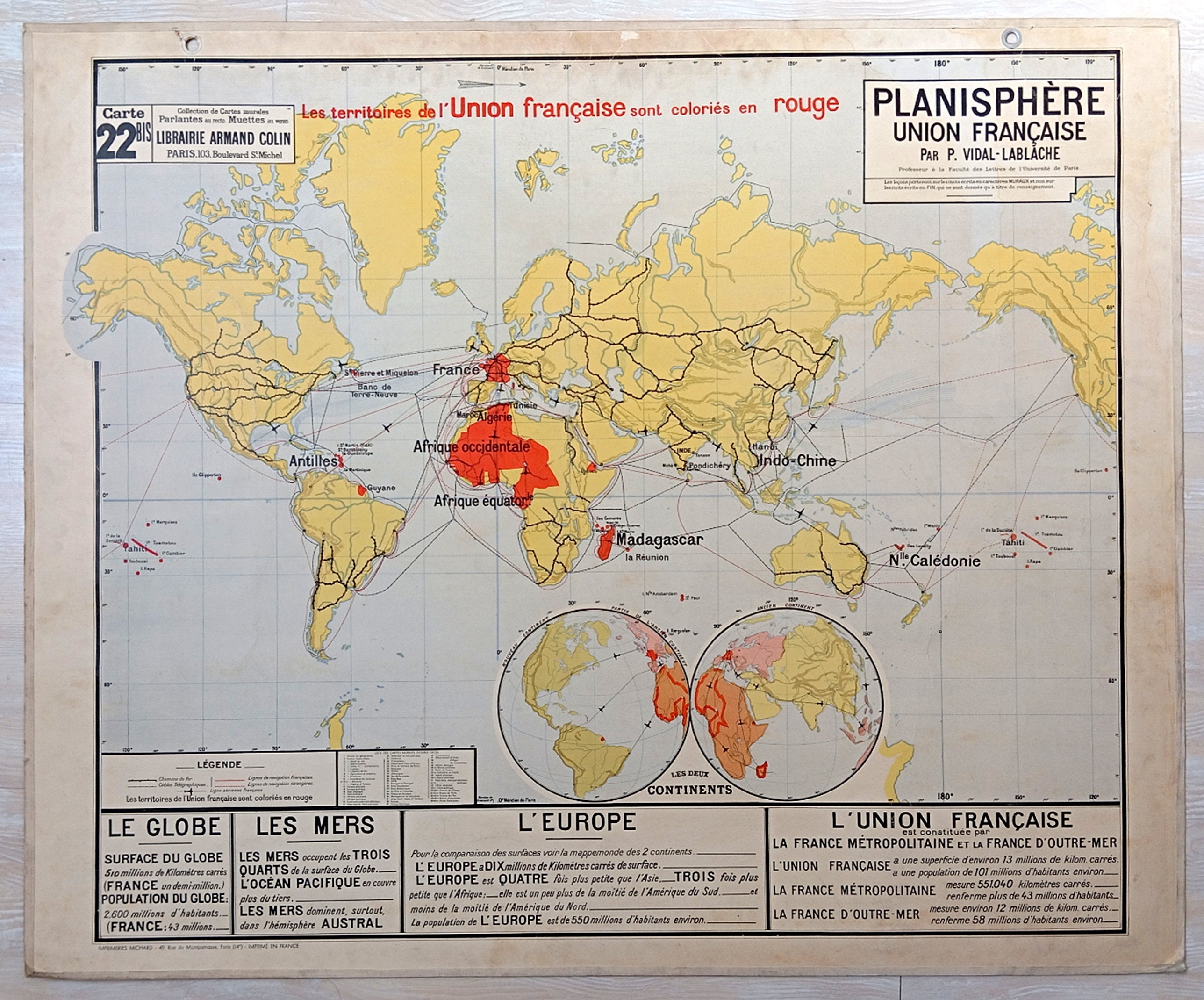 Planisphere, Colonies / World Map, French Colonies Old School Map Vidal ...