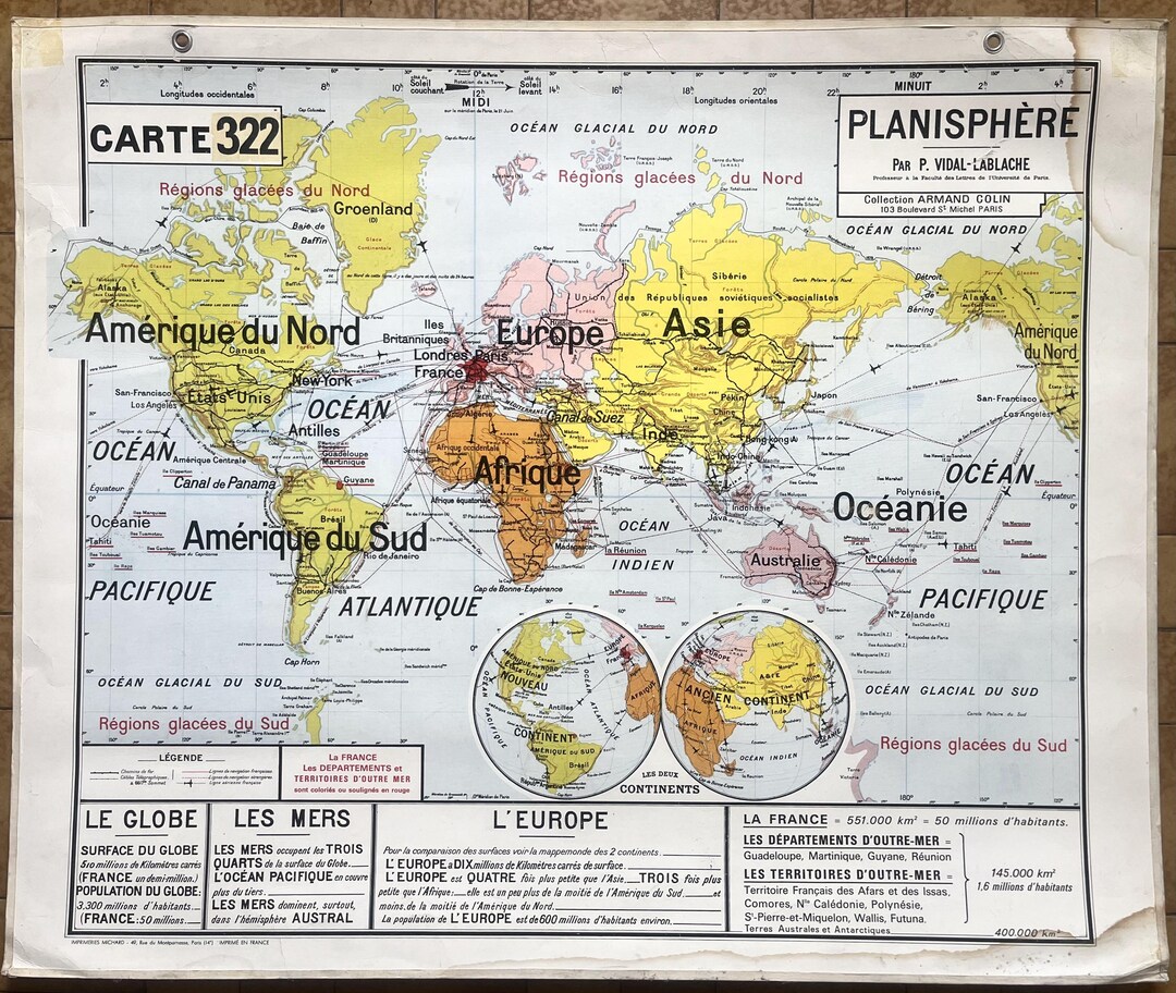 Planisphere / World Map, French Overseas - Old School Map Vidal ...