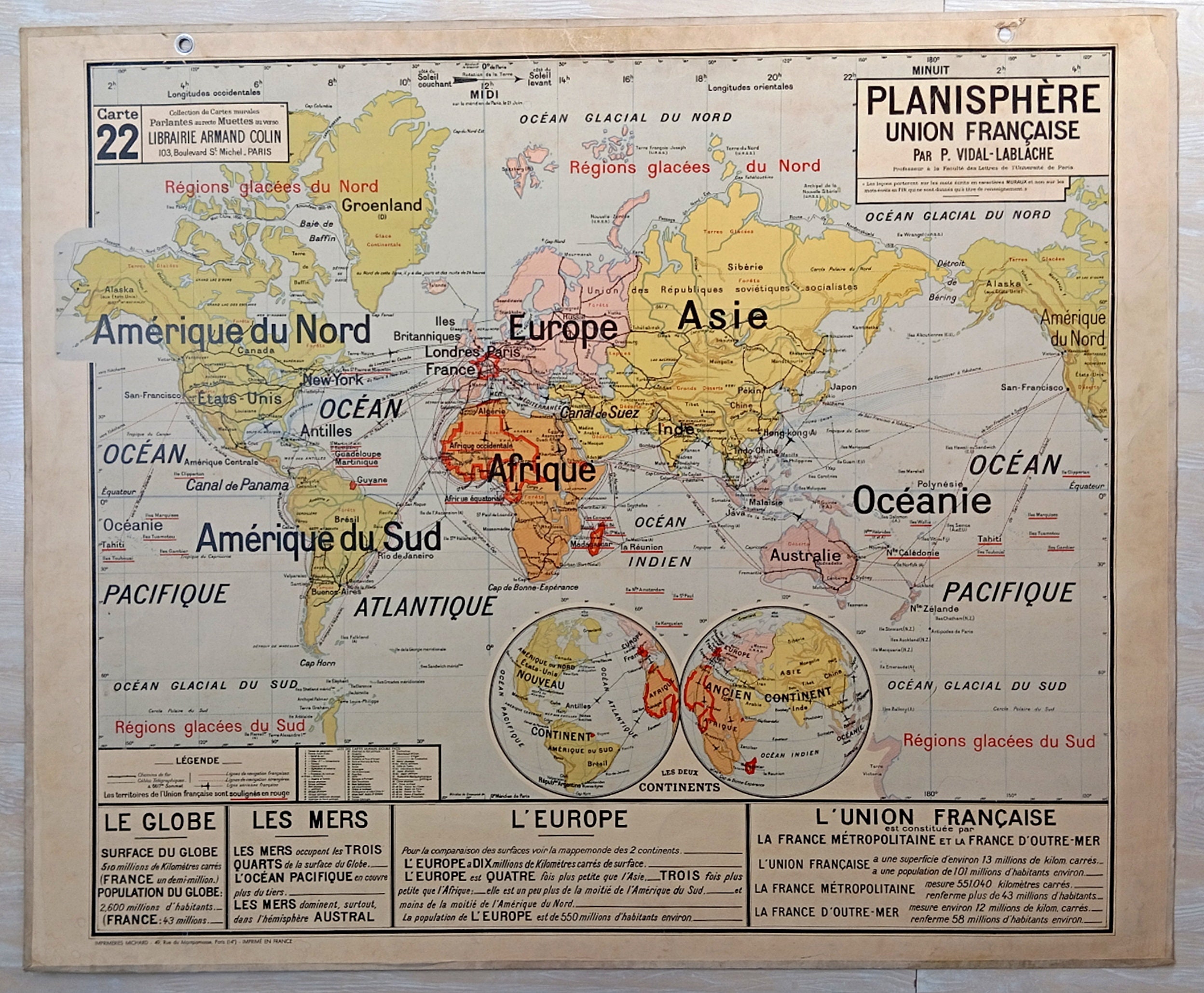 Planisphere, Colonies / World Map, French Colonies Old School Map Vidal ...