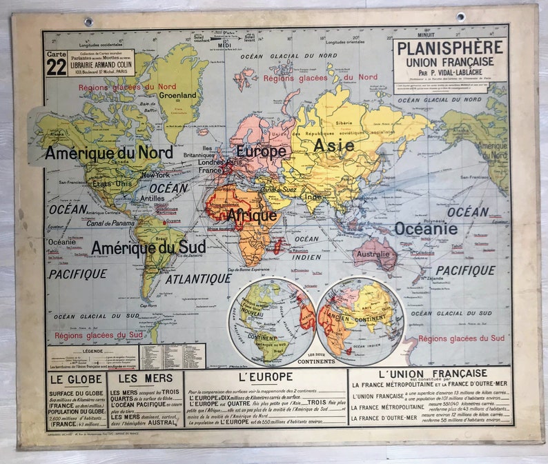 World Planisphere / World French Colonies Old Map - Etsy