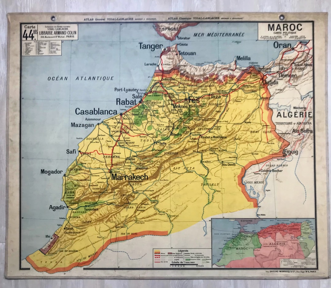 Morocco Physical and Political / Morocco Old School Map Vidal Lablache ...
