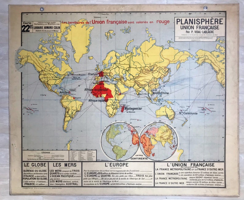 World Planisphere / World French Colonies Old Map - Etsy