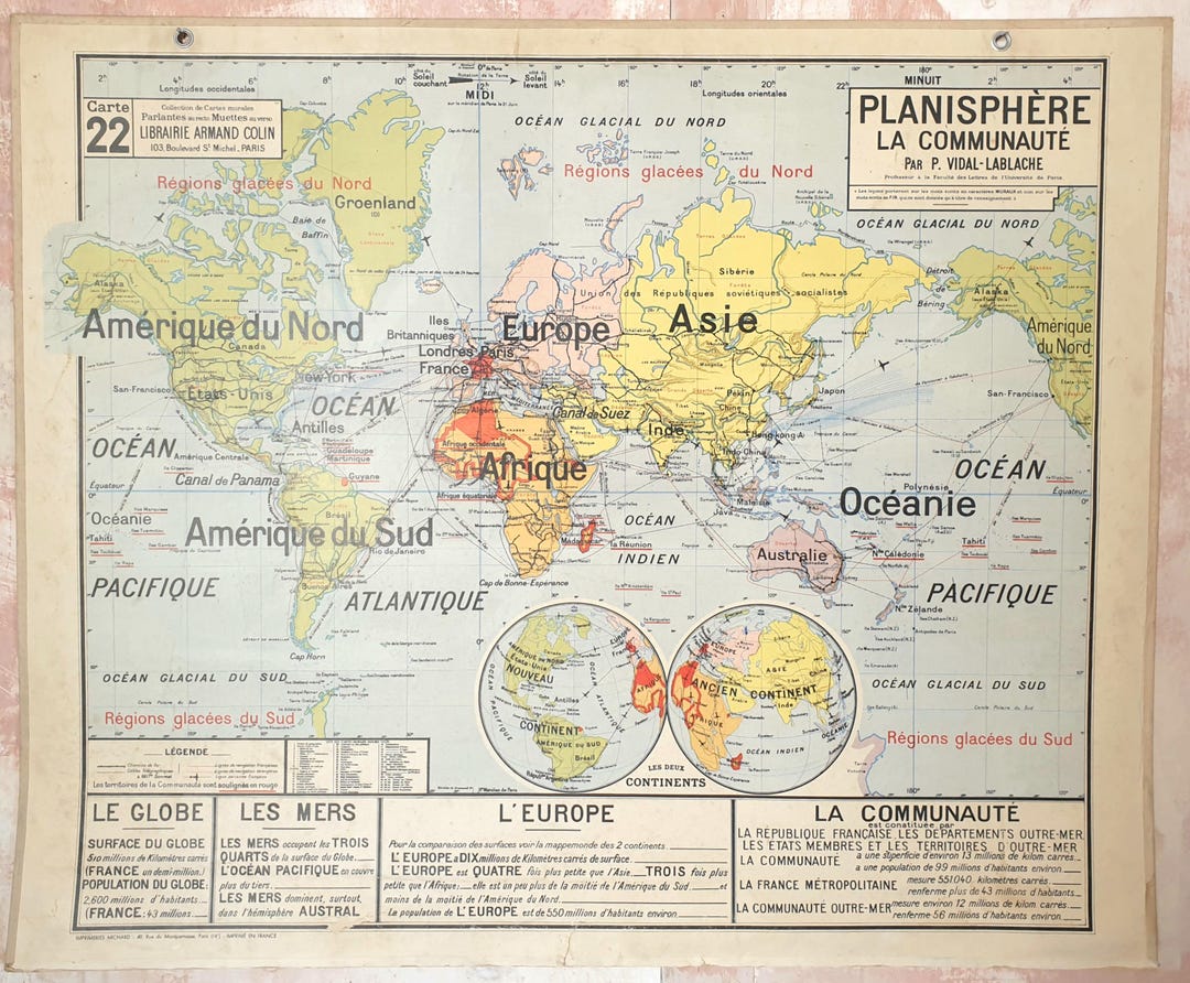 Planisphere, Colonies / World Map, French Colonies Old School Map Vidal ...