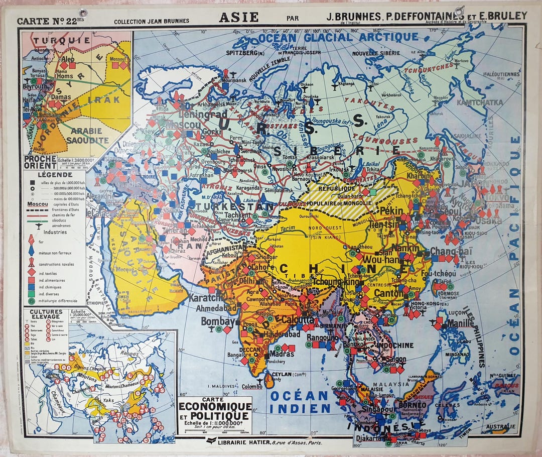 Political Asia / Asia Old School Map Hatier Brunhes 22, 1950 / Old ...
