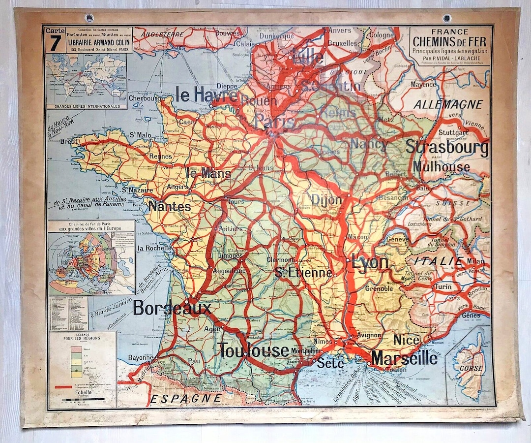 France Chemins De Fer / Railways and Waterways Old School Map Vidal-lablache 7, 1940 Old School ...