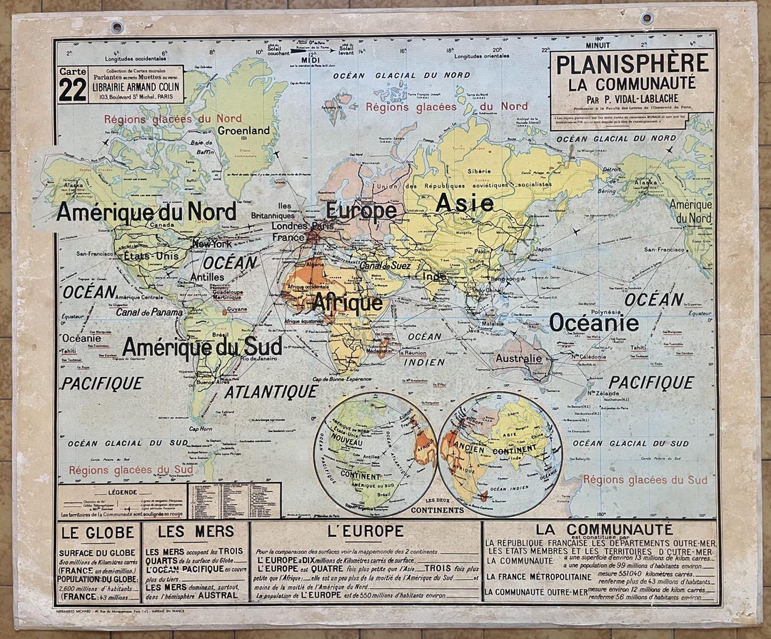 Planisphère, colonies / World map, French Outre-mer - Ancienne carte ...