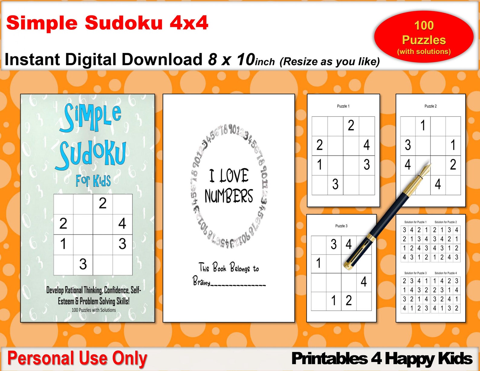 Sudoku for Kids or Beginners, Easy 4x4 Sudoku, 100 Puzzles With ...