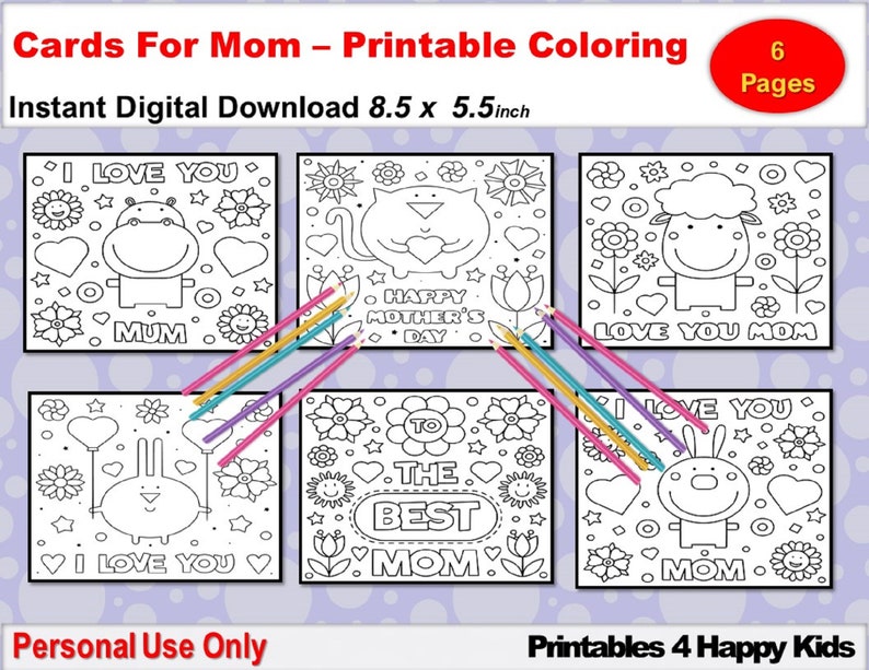 Printable Cards for Mom, Digital Coloring, I Love Mom Cards, Mom ...