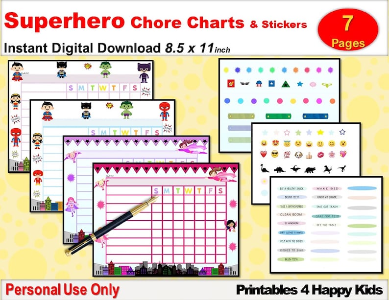 Superhero Chore Charts/reward Charts, Boys & Girls, Printable Chore ...