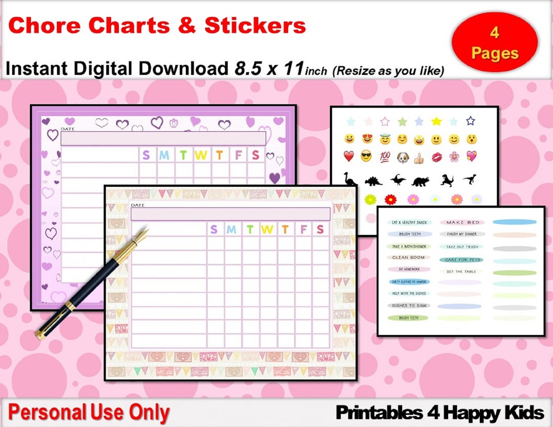 Chore Chart for Kids, Pink Hearts, Behaviour, Reward, Routine Chart for ...