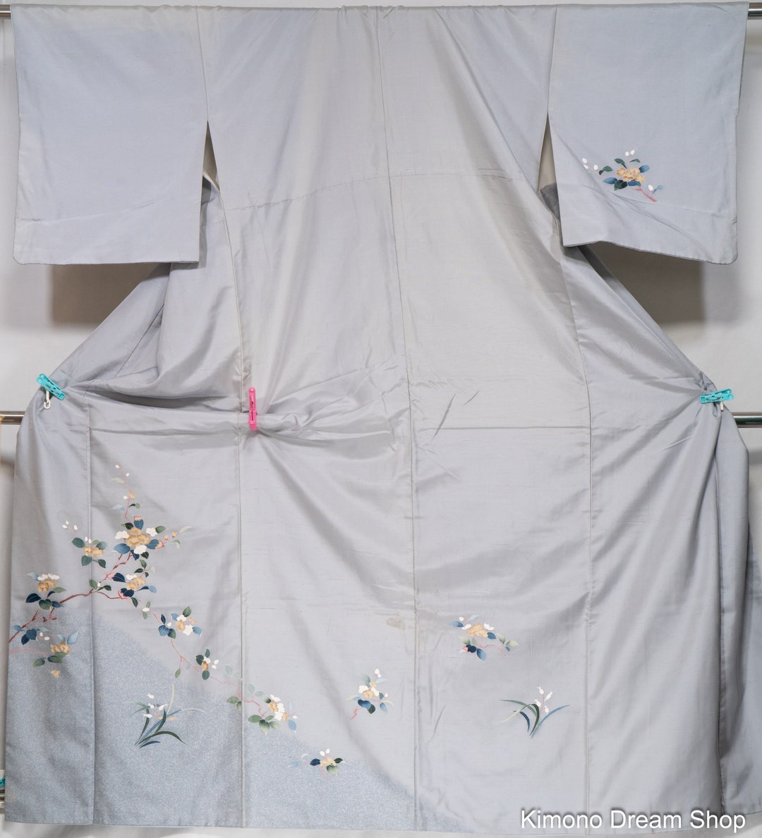 Grey Raw Silk Tsukesage With Kaga Yuzen Painting Unique Decaying Leaves Motif Vintage 1980s ...