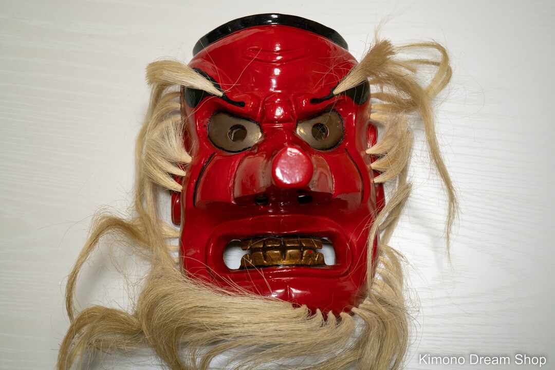 Wooden Tengu Noh Mask Very Long Nose & Beard Eyebrow Hair Theater ...